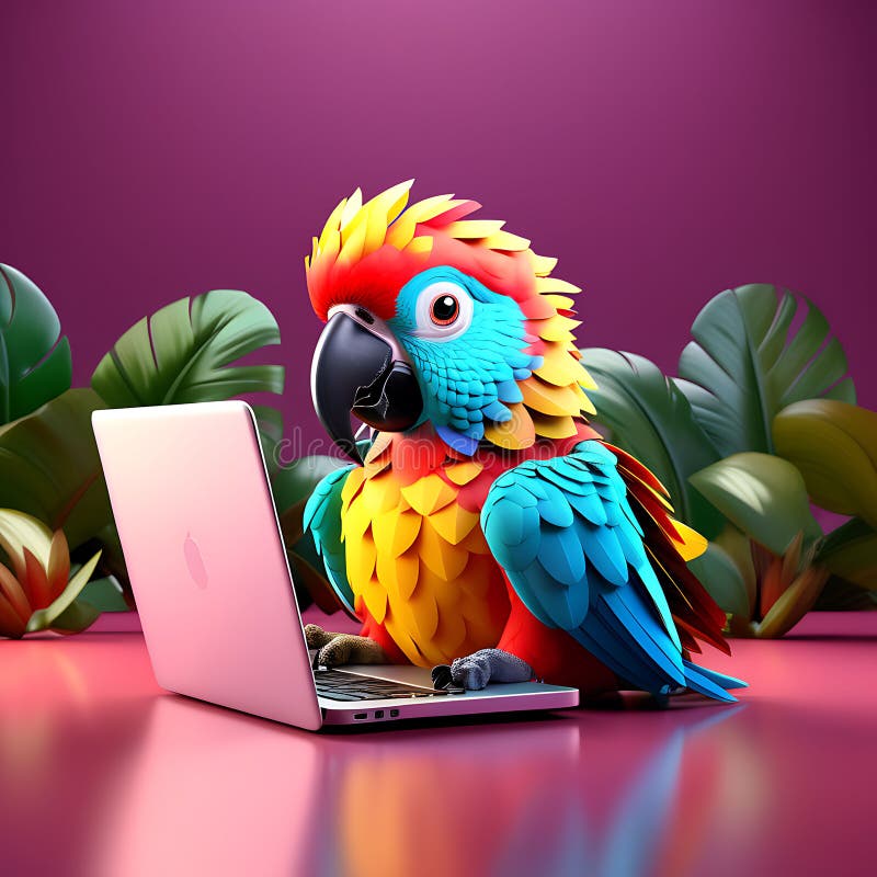 Tech-Savvy Parrot: 3D Rendered Cartoonish Image of a Parrot Using a ...