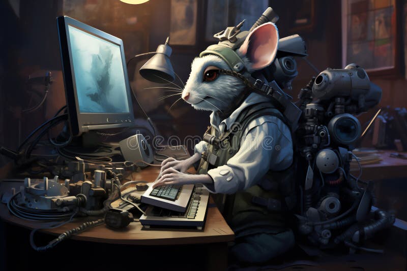 A Tech-savvy Robot Rodent Mouse Working from Home on a Laptop Computer ...