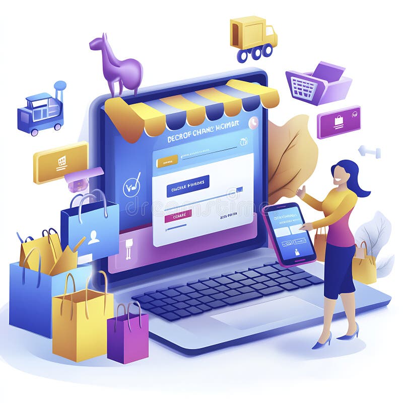 Tech-savvy Shopper Completing Online Order on Laptop with Interactive ...