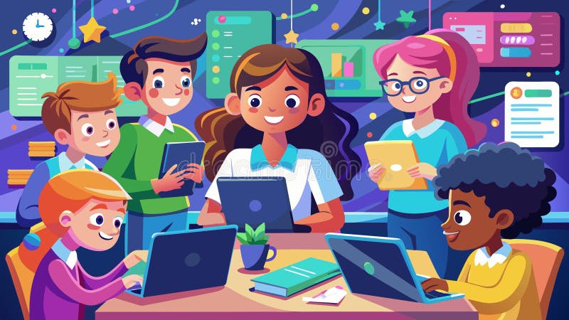 Tech-Savvy Students Engaged in Interactive Learning Environment Stock ...