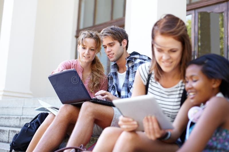 Tech Savvy Students. Young Students on Their Laptops while Outside of ...