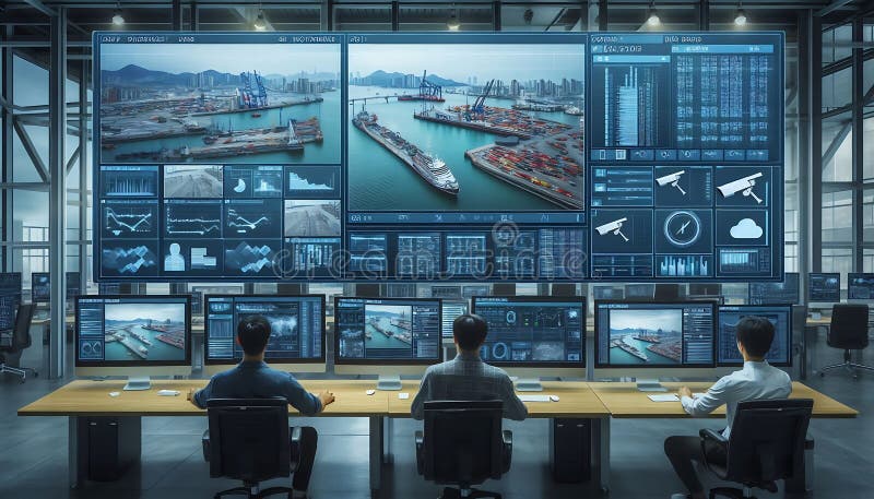 Tech-savvy Team Monitors Port Operations from Control Room. Stock ...