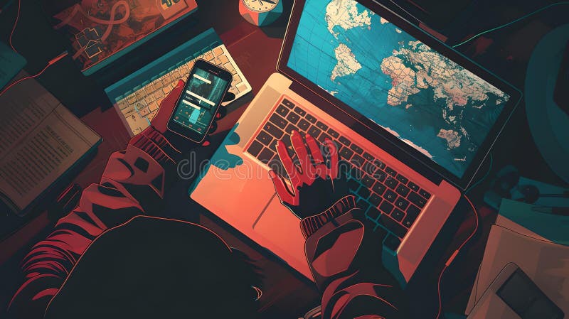 Tech-savvy Workspace in Low Light, Modern Digital Devices Display Data ...