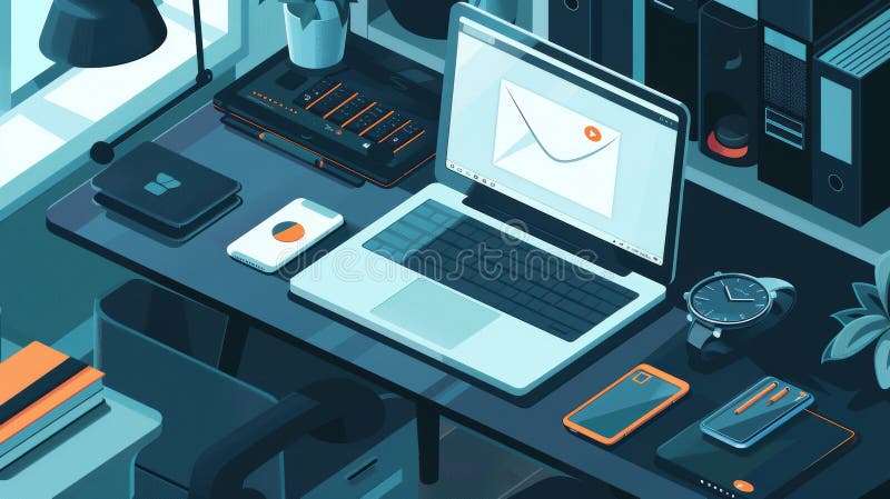 Tech-Savvy Workspace with Modern Gadgets and Laptop Displaying Email ...