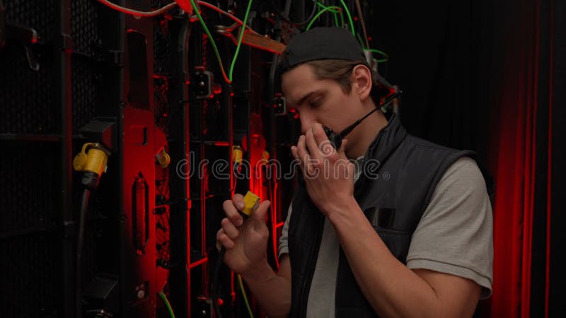 Close Up Male Worker Checking Led Screen Panels Wires. Technician ...