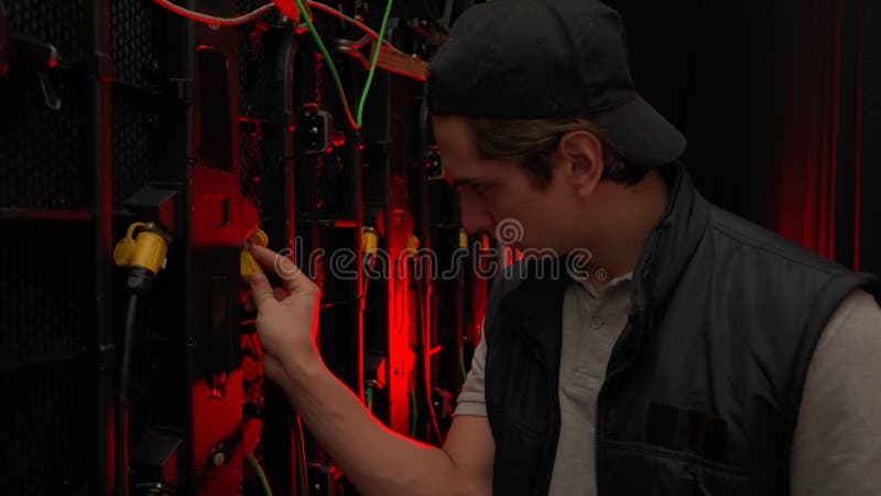 Close Up Male Worker Checking Led Screen Panels Wires. Technician ...