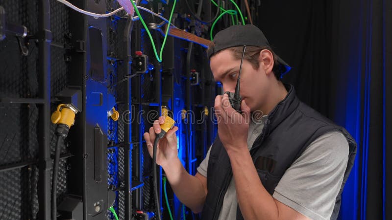 Close Up Worker Checking Big Led Screen Panels Wires. Technician ...
