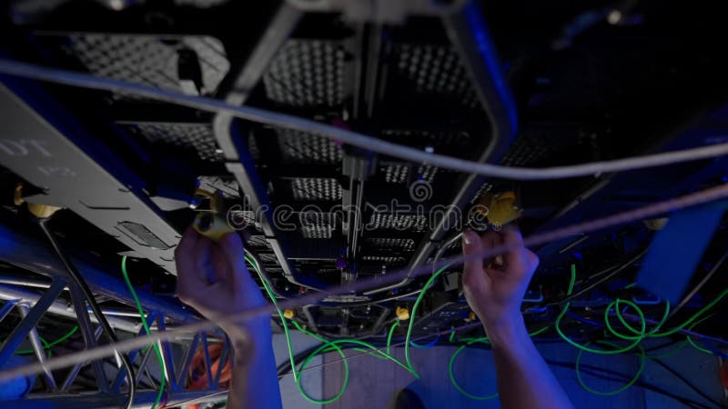 Top View Worker Checking Big Led Screen Panels Wires. Technician ...