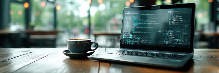 Tech Startup Working Environment Featuring a Laptop and Coffee during a Quiet Morning at a Cafe ...