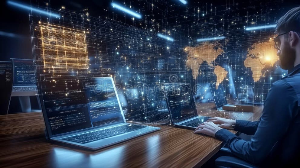 Tech Strategy. Cyberpunk Office, Data Analysis, Coding, Programming ...