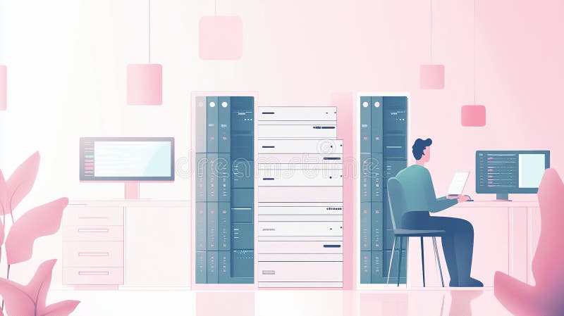 Tech Support are Adding New Server in Server Room, Flat Style, Pastel ...