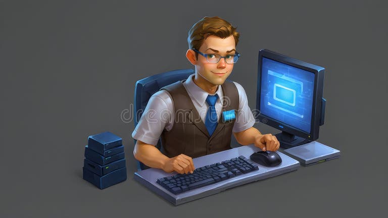 Tech Support Character Working at a Computer Desk with Stacks of ...