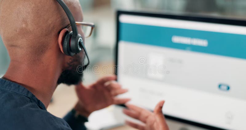 Tech Support, Computer Screen and Phone Call with Black Man, Headset ...