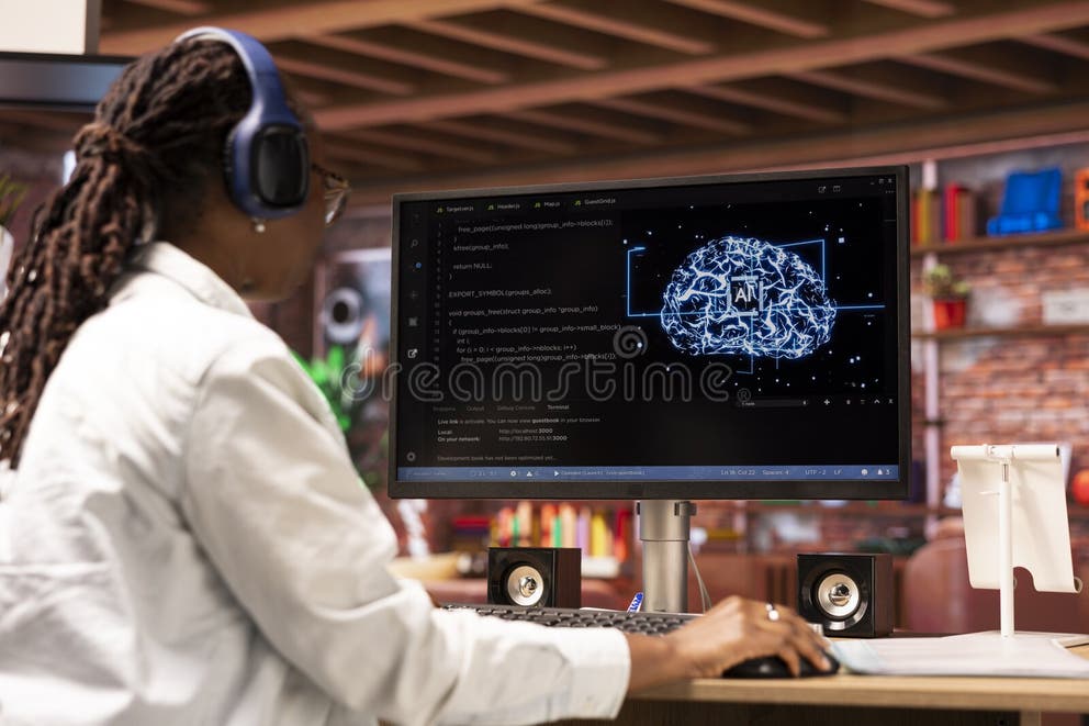 Tech Support Expert Wearing Headphones, Doing Checkup on AI Systems ...