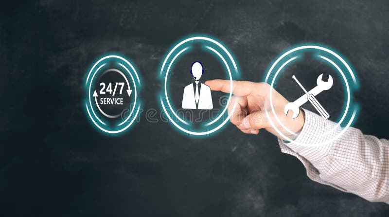 Tech Support Icon 24 7. Man Tapping on the Screen Stock Illustration ...