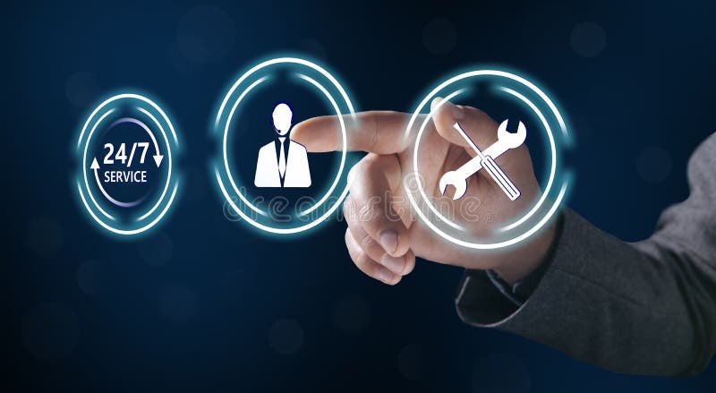 Tech Support Icon 24 7. Man Tapping on the Screen Stock Illustration ...