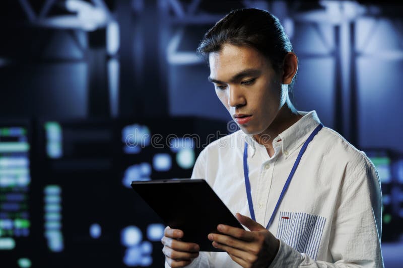 Man in Data Center with Tablet Stock Image - Image of technology ...