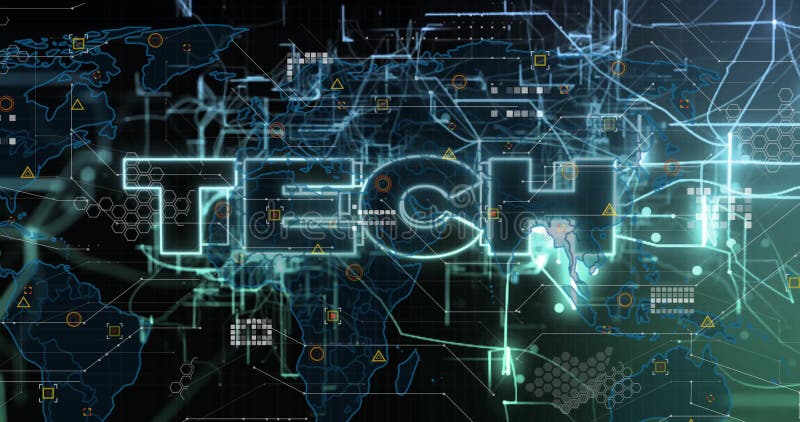 TECH Text Animation Over Digital World Map with Data and Network ...