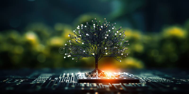 Tech Tree Circuit on Keyboard. Innovation and Nature. Intersection of ...