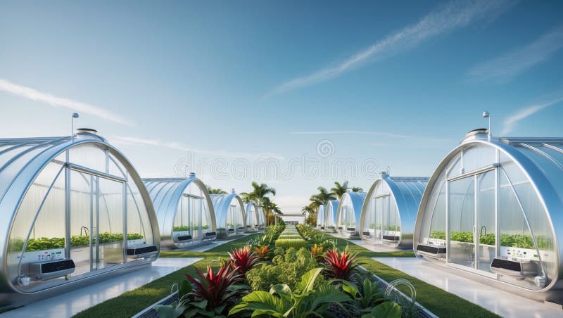 Tech Village with Advanced Greenhouses Featuring Climate Control Stock ...