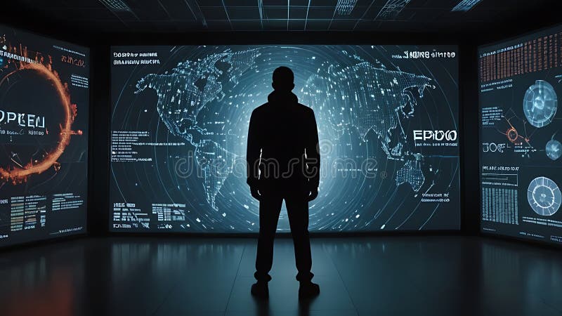 Tech Visionary Facing Large Digital Data Screen, Futuristic Interface ...