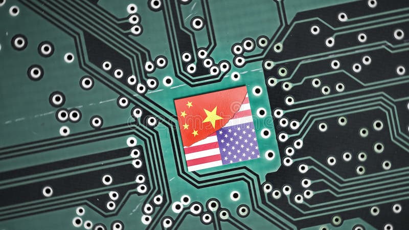Tech War between China and the USA. Flag of USA and China on a ...