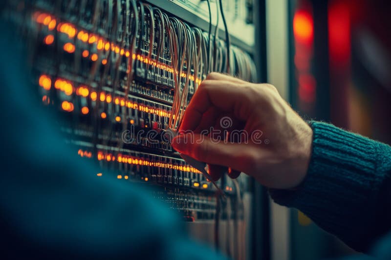 A Tech Worker is Diligently Managing Cables and Securing Data on a ...