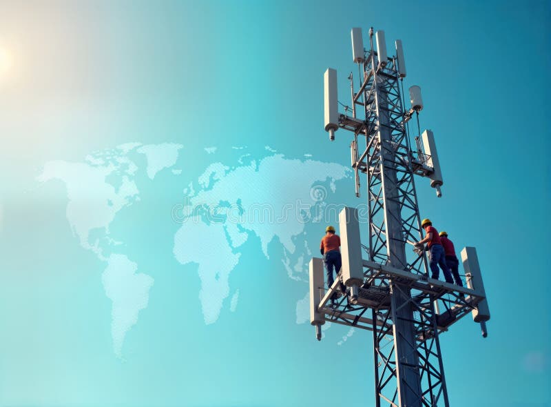 Tech Workers Maintain 5G-6G Antenna Tower. Cellular Antenna Repair ...