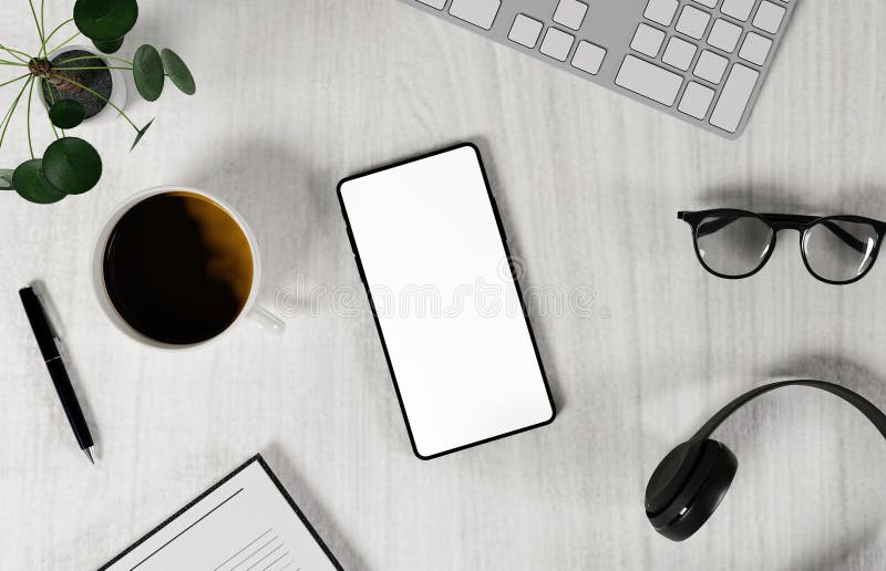 Tech Workspace Flat Lay with Smartphone and Headphones 3D Render Stock ...