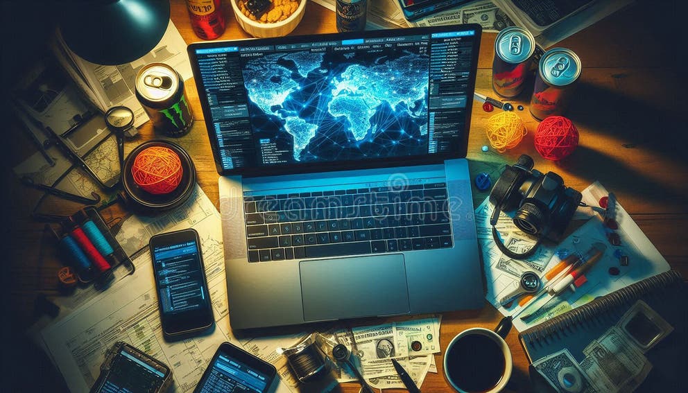 Tech Workspace with Global Map and Devices Stock Illustration ...