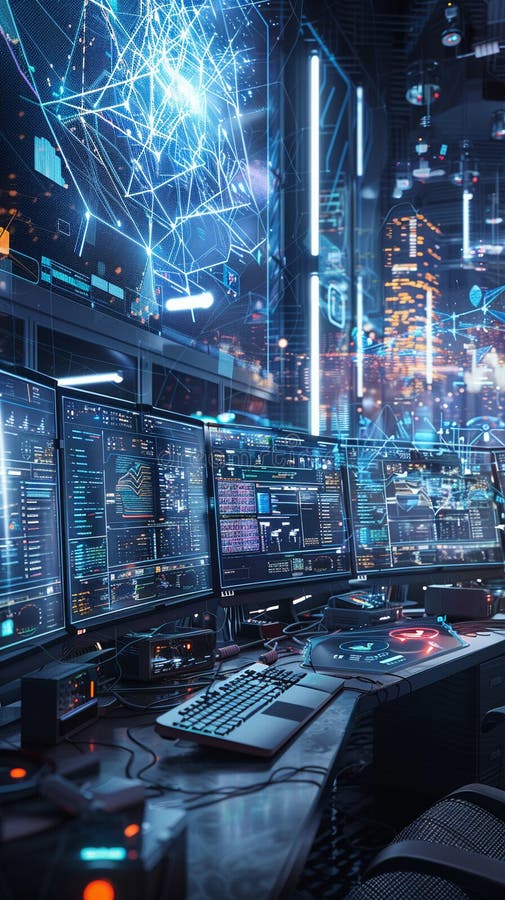 A Tech Workspace With Multiple Screens Illustrating A Network S Nodes And Links A Path Of Data