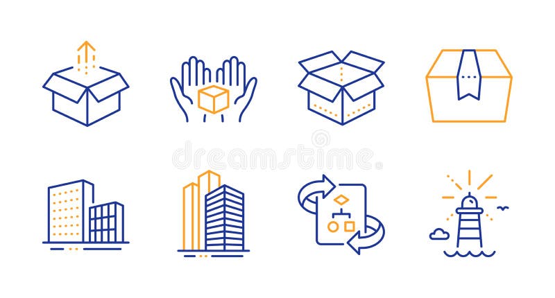 Technical Algorithm, Skyscraper Buildings and Open Box Icons Set. Send Box, Buildings and ...
