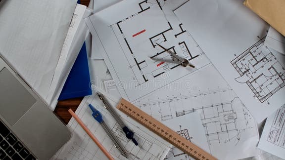 Technical Architectural Drafting Kit with Diverse Tools and Plans Stock ...