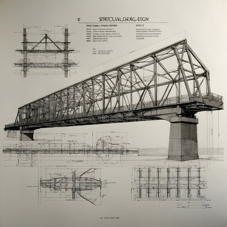 Detailed Structural Blueprint of a Bridge with Beams, Supports, and ...