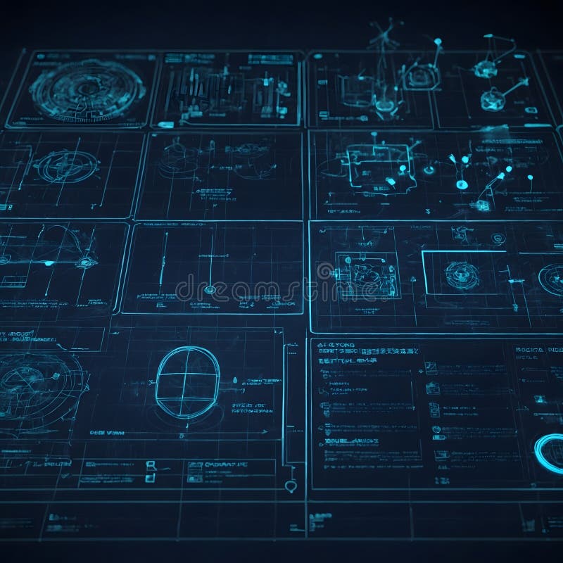 Technical Background Featuring Wire Frame Models of Satellites, Robots ...