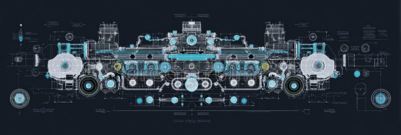 Technical Blueprint of a Complex Machinery System Featuring Detailed ...