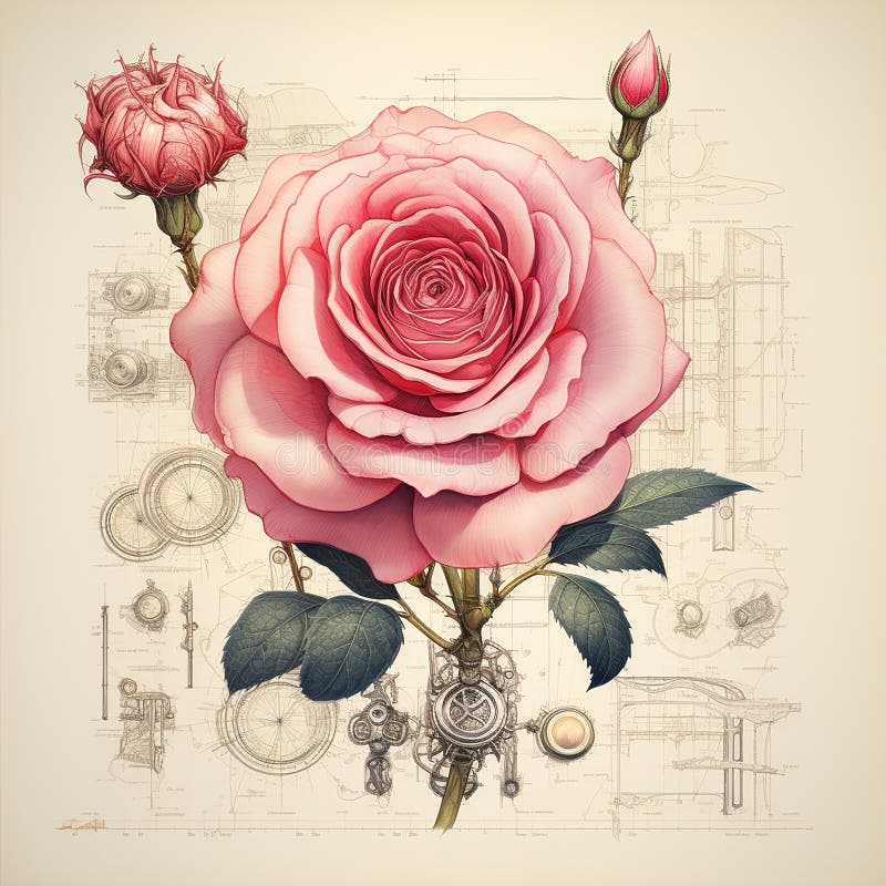 Technical Blueprint Drawing of a Light Pink Rose Stock Illustration - Illustration of plant ...