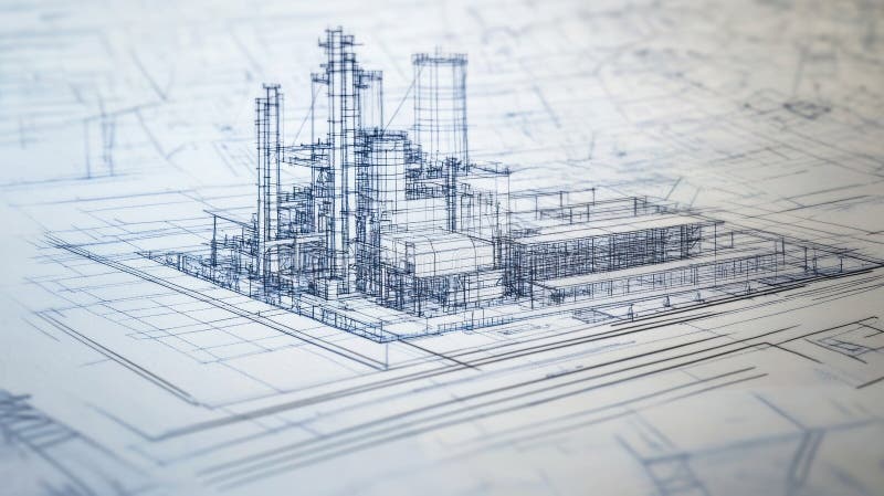 Technical Blueprint of an Industrial Facility with Detailed Structures ...