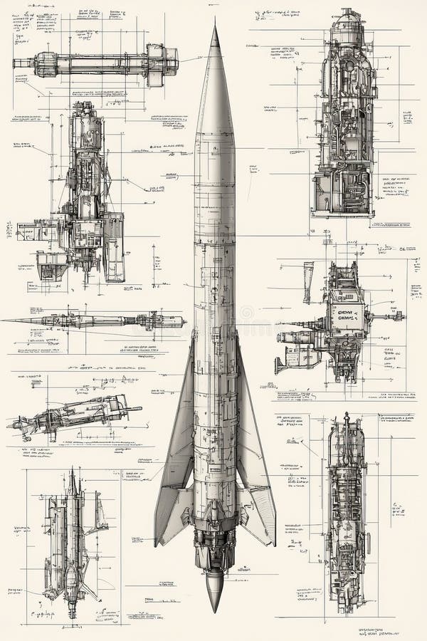 Technical Blueprint of a Missile with Detailed Cross-sectional Views of ...