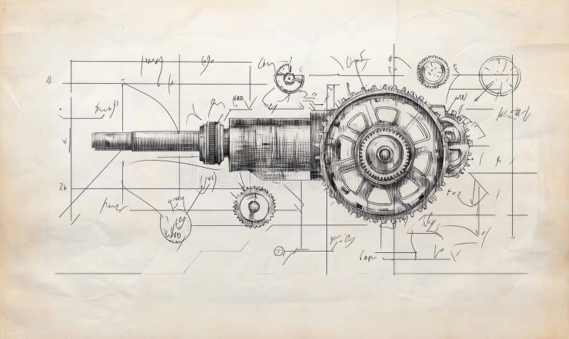 Technical Blueprint Sketch Displays the Inner Workings of a Mechanical ...