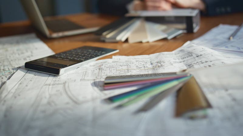 Technical Blueprints Desk Office Closeup. Architectural Plans on ...