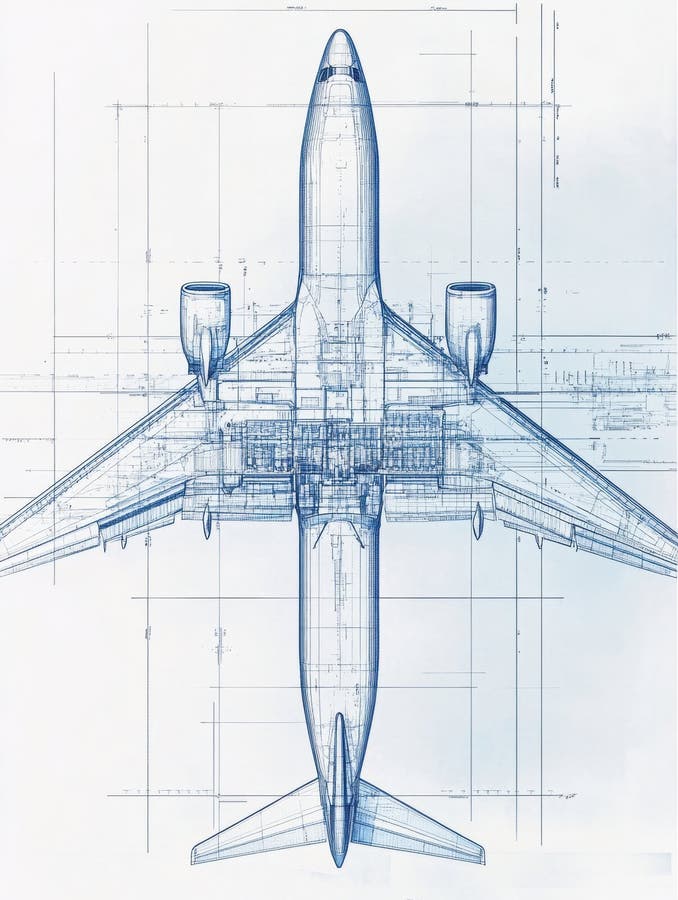 Technical Blueprints Illustrating Detailed Design of an Airplane in a ...
