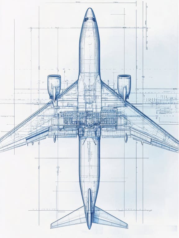 Technical Blueprints Illustrating Detailed Design of an Airplane in a ...