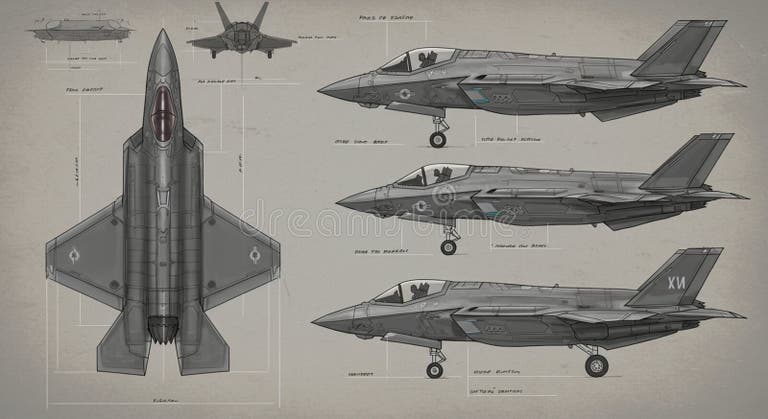 Technical Blueprints of a Modern Fighter Jet, Displaying Multiple Views ...