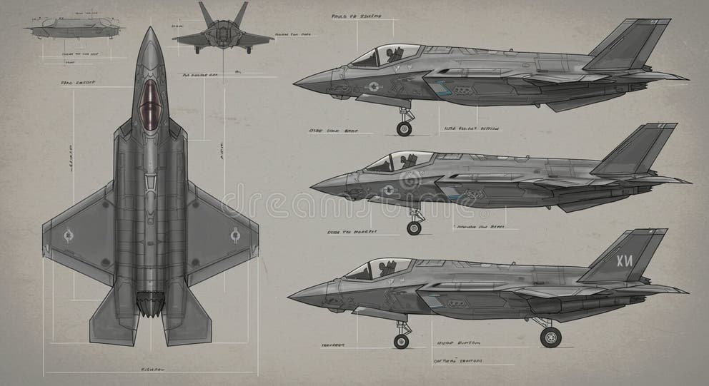 Technical Blueprints of a Modern Fighter Jet, Displaying Multiple Views ...