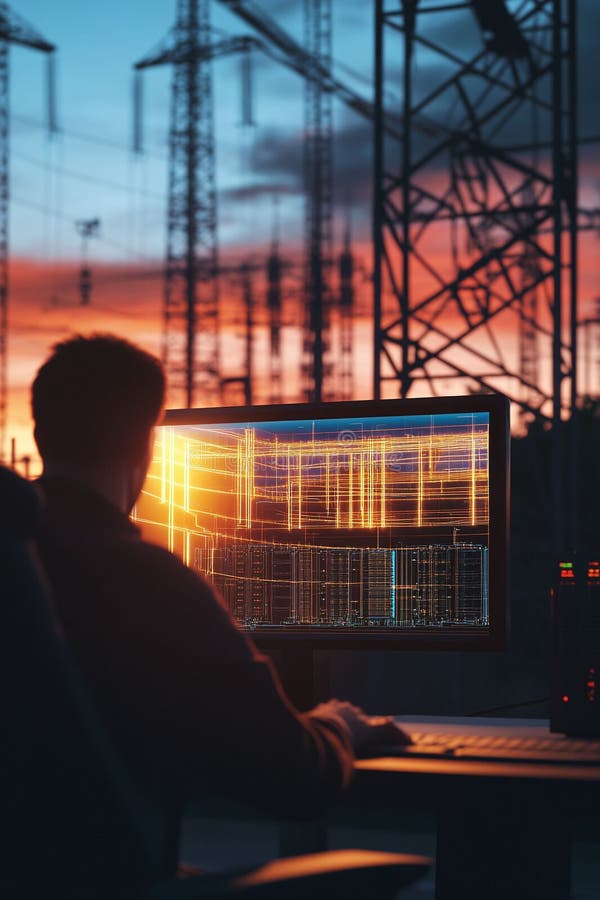 Technical CAD Rendering of High-voltage Transmission Lines Displayed on ...