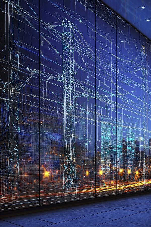 Technical CAD Rendering of High-voltage Transmission Lines Displayed on ...
