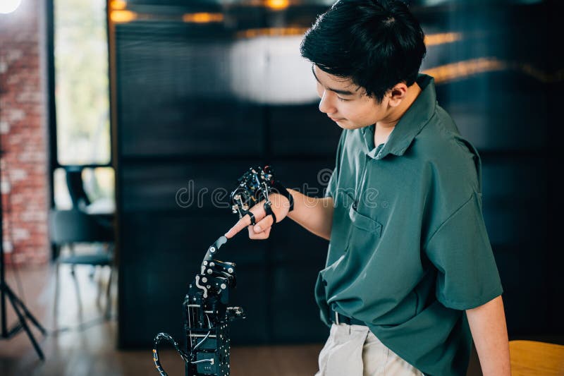 At a Technical College a Teen Boy Tests a Robot Hand and Arm Touching ...