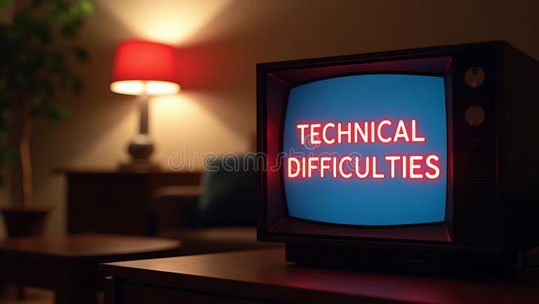 Technical Difficulties Glowing on an Old TV Screen in a Dimly Lit Room ...