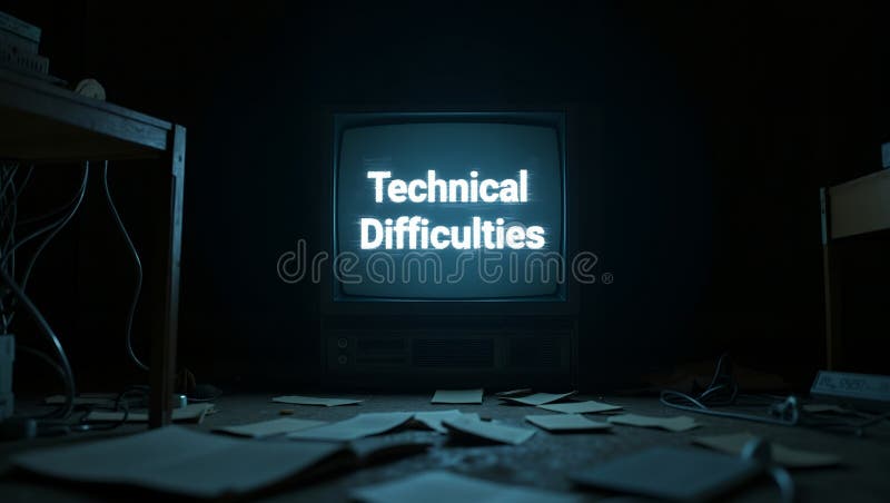 Technical Difficulties Screen in a Dimly Lit, Cluttered Room – a ...
